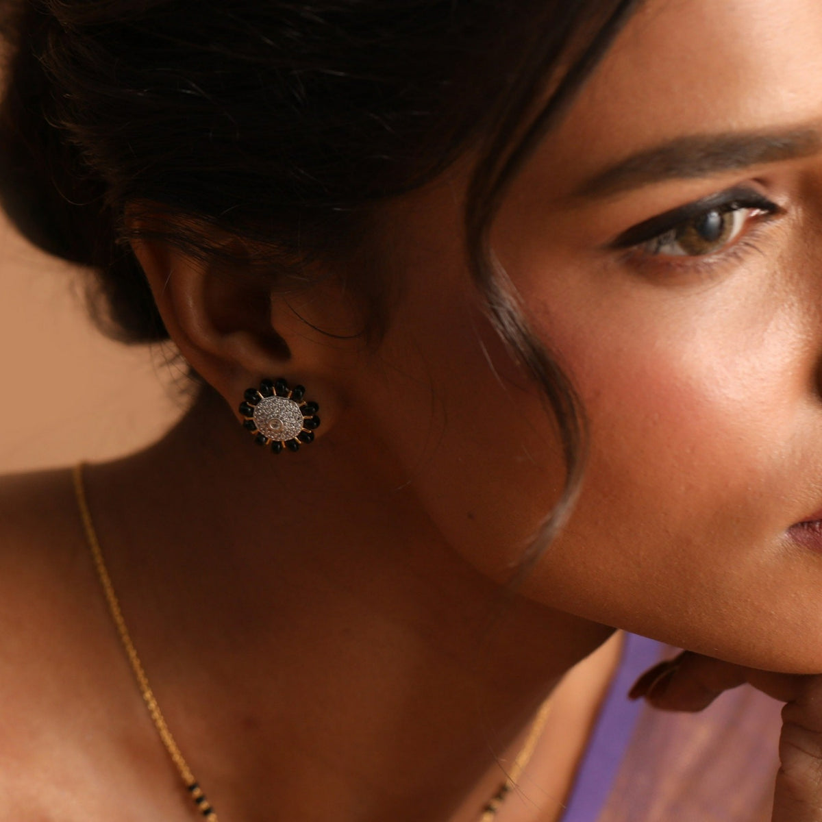 Buy Floral Silver Mangalsutra Stud Earrings with American Diamond - Paksha India